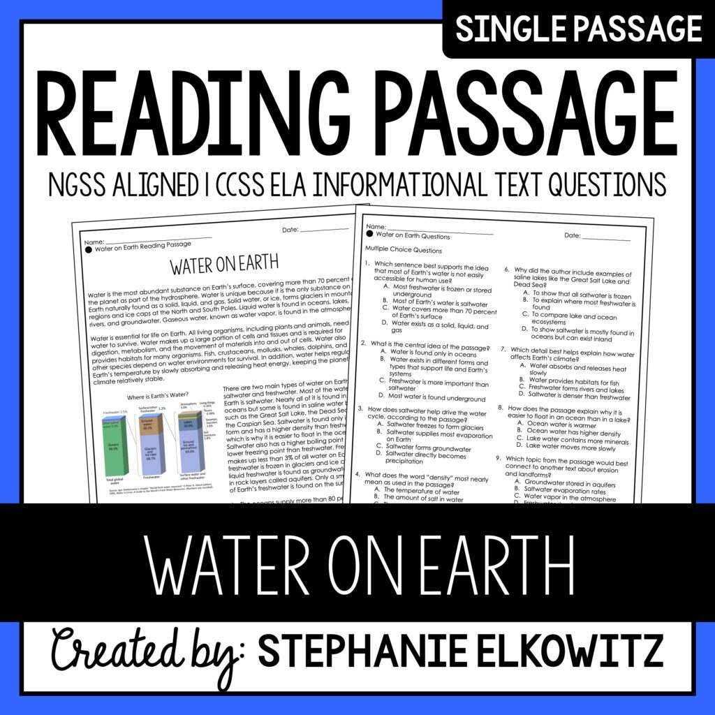 Water on Earth (Freshwater vs. Saltwater) Reading Passage | Stephanie ...